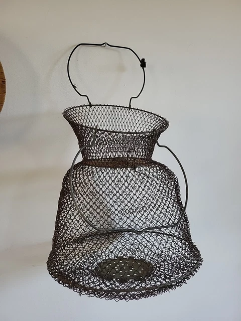 ANCIEN PANIER DE pêche / Nasse à poisson acier inox Ø 25 cm /Vintage ...