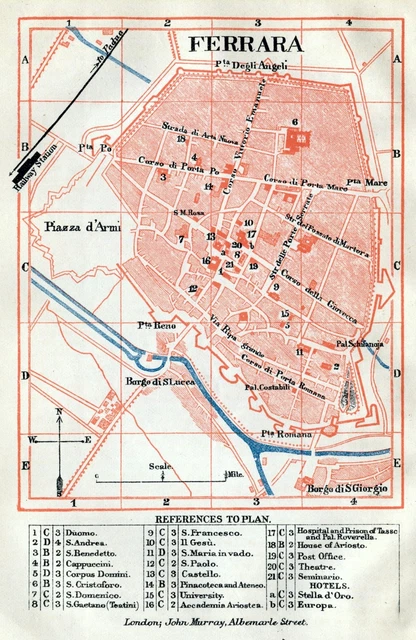 PIANTA DI FERRARA.CARTA topografica.Murray.+ Passepartout.Stampa Antica ...