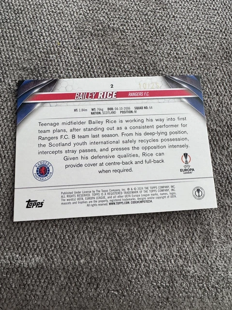 CARTA RC AMMIRAGLIA Bailey Rice Rangers arancione/25 Topps UEFA UCC ...