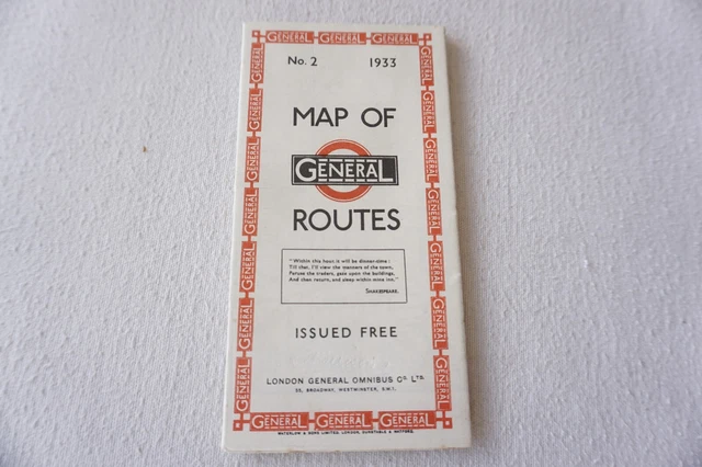 1933 NO. 2 Map of London General Bus Routes London Underground VGC £31. ...