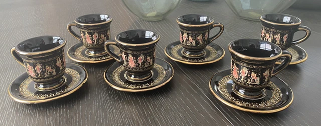 VINTAGE DM GREEK Cup and Saucer 12 Pieces Set Handmade- Black W/ 24K ...