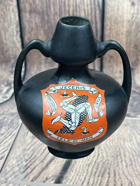 ANTIQUE SHELLEY PORCELAIN Art Deco Handled Urn-Black-Isle of Man Crest ...