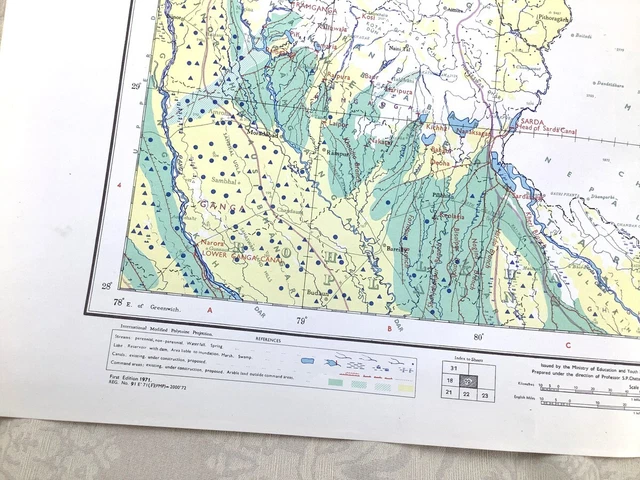 1972 LARGE VINTAGE Map of India Indus Ganga River Basin Irrigation ...
