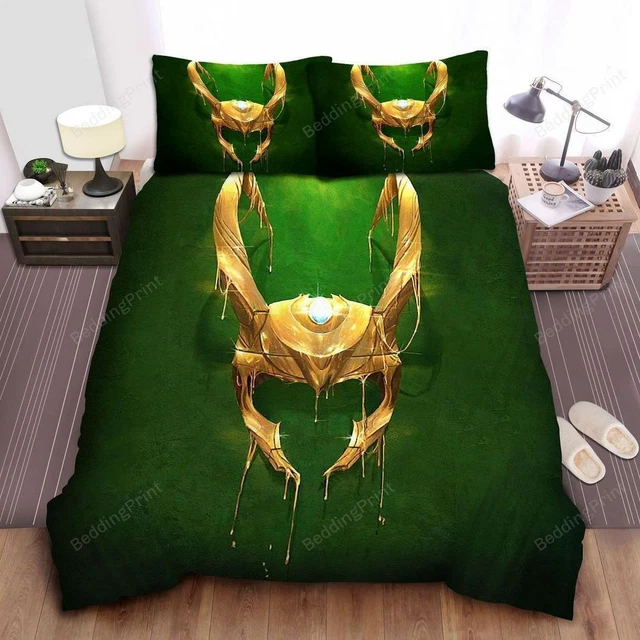 MARVEL THE GOLDEN Horned Helmet Of Loki Quilt Duvet Cover Set Bedspread ...