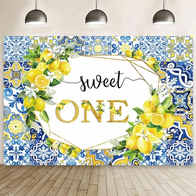 7X5FT LEMON SWEET One Birthday Backdrop Blue Tile Lemon Birthday Party ...