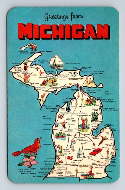 PICTORIAL TOURIST ATTRACTIONS Map Greetings From Michigan MI Postcard £ ...