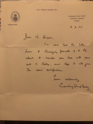 HOUSE OF COMMONS Hand Written and Signed Letter Sir Cranley Onslow MP ...