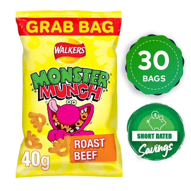 WALKERS CRISPS MONSTER Munch Roast Beef Snacks Sharing Bag 30 x 40g ...