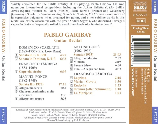 PABLO GARIBAY PABLO Garibay Plays Scarlatti, Tárrega, Ponce, José Nouveau Cd EUR 22,64 - PicClick FR