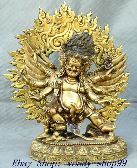 12& OLD TIBET Bronze Gilt 3 Head 8 Arms Mahakala Wrathful Deity Buddha ...