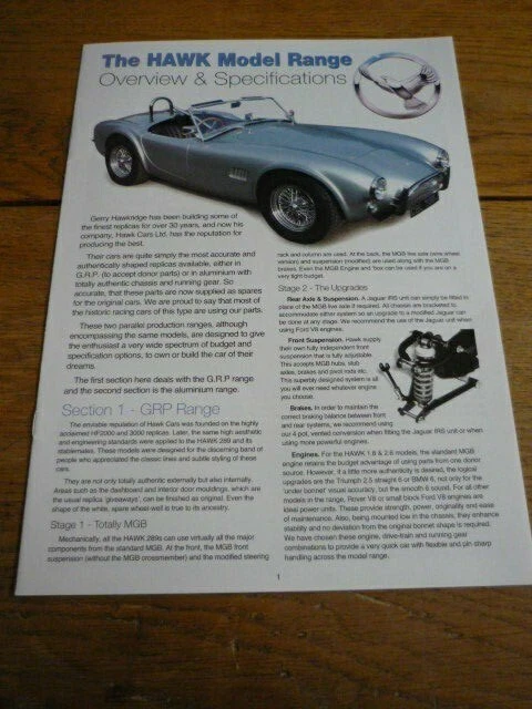 HAWK CARS AC/SHELBY Cobra Replica Kit Car Brochure £9.99 - PicClick UK