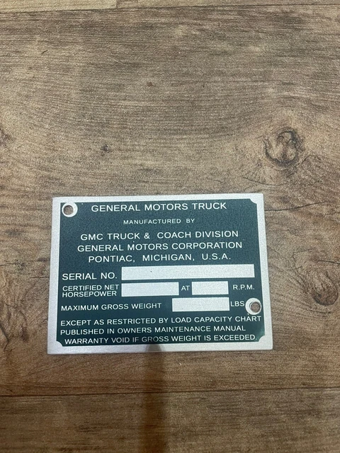 GMC 100 1/2 Ton Truck ID Identification VIN Tag Chassis Frame Data ...