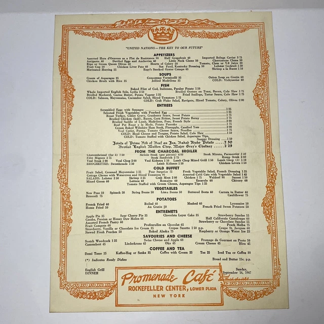 1947 PROMENADE CAFE Rockefeller Center menu restaurant New York City ...