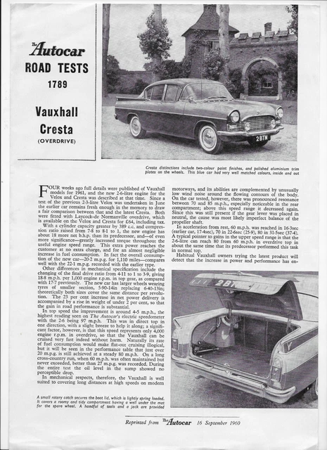 1961 (MODEL YEAR) Vauxhall Cresta PA road test-brochure: 4-page Autocar ...