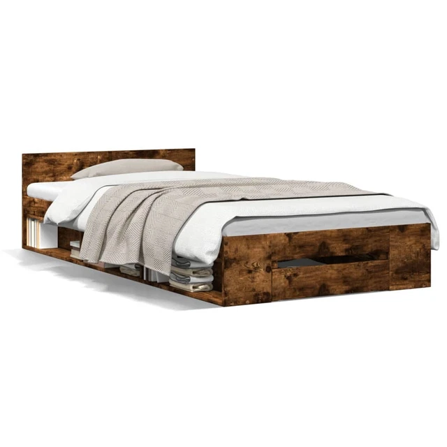 BED FRAME 100X200 cm Smoked Oak Engineered Wood Plywood Slats 2x Modern ...