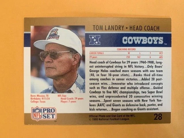 TOM LANDRY DALLAS COWBOYS PRO SET 1990 HALL OF FAME SELECTION card# 28 ...