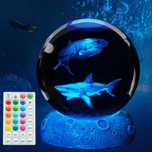 NIGHT LIGHT, 3D Crystal Ball Shark Lamp, Underwater Gifts with 16 Color ...