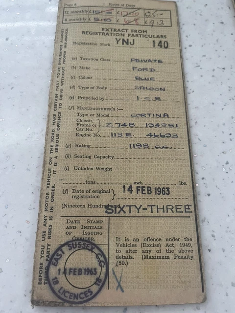 FORD CORTINA MK1 Two Door ..log book scrapped car Memorabillia ...