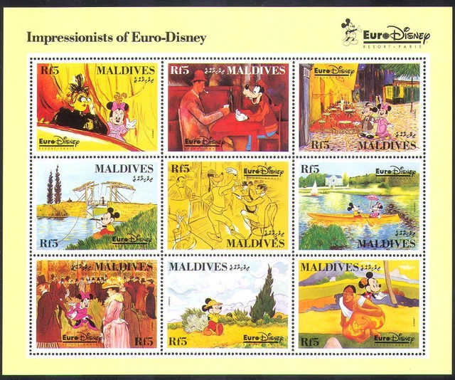 MALDIVE 1992 EURO Disney/Cartoni animati/arte/dipinti/ponte 9v sht d00260 EUR 14,15 - PicClick IT