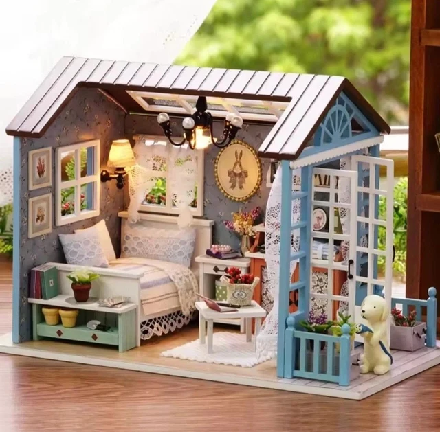 DIY MINIATURE DOLLHOUSE Kit Cozy Bedroom Cottage Room Box with LED ...
