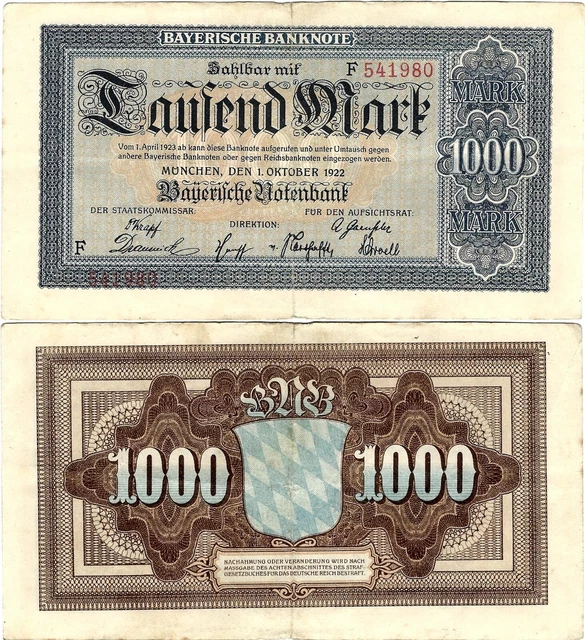 LÄNDERBANKNOTE 1000 MARK 1922 München Bayerische Notenbank BAY5a P-S924(1) EUR 17,99 - PicClick DE