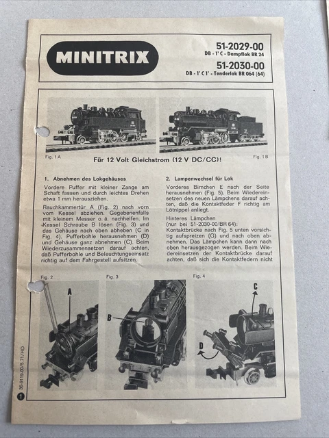 MINITRIX ANLEITUNG Spur N DB Dampflok BR 24 64 51-2029-00 51-2030-00 ...