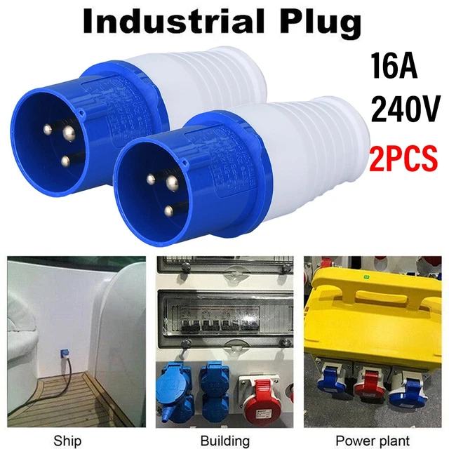BLUE 3 PIN 16A 240V Industrial Connector Plug Socket Male Female 2P+E ...