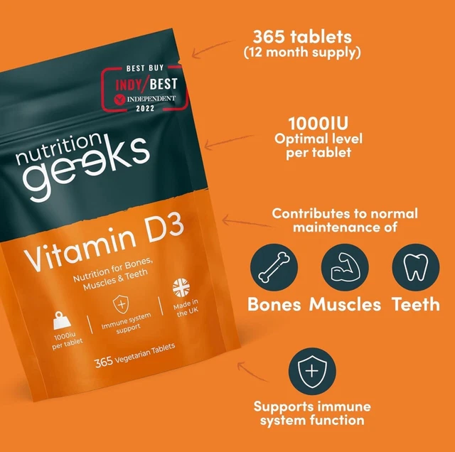 NUTRITION GEEKS VITAMIN D3 1000iu Tablets - 12 Month Supply - Immune ...