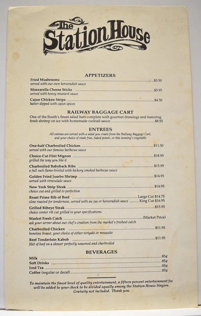 VINTAGE 1980S THE Station House Restaurant Menu 233 West Lantana Road ...