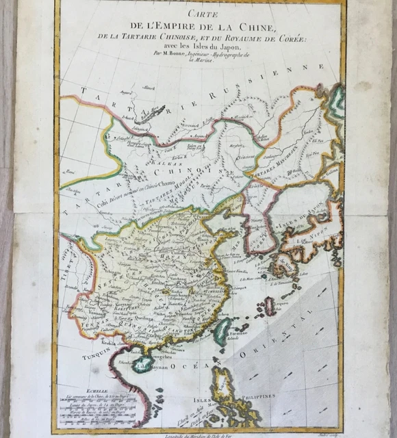 ANTIQUE MAP OF China Korea Japan By Bonne 1780 Original Hand Color ...