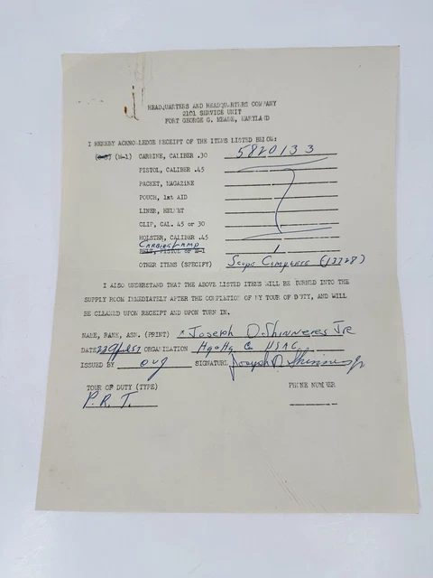 FORT MEADE TOUR of Duty Weapon Sign Out Form PRT 1957 Carbine & Scope ...