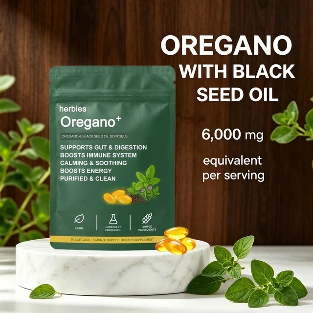 HERBIES OREGANO PLUS, 6000mg Oregano and Black Seed Oil, 60 Vegan Caps ...
