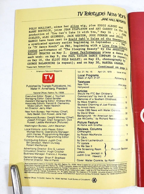 1979 TV GUIDE April 21-27 Walter Cronkite CBS Stockard Channing Maya ...
