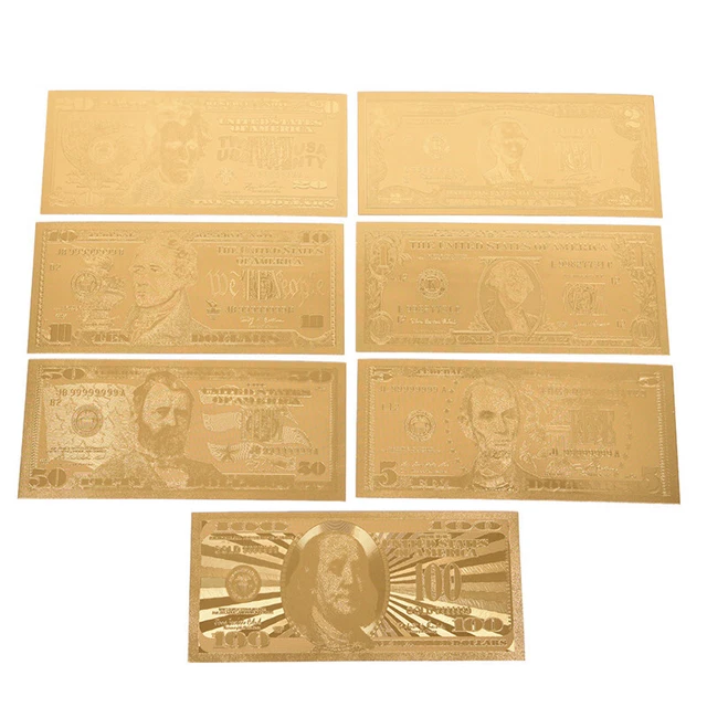 7PCS GOLD FOIL banknote USA 1 dollar bill currency paper money metal ...