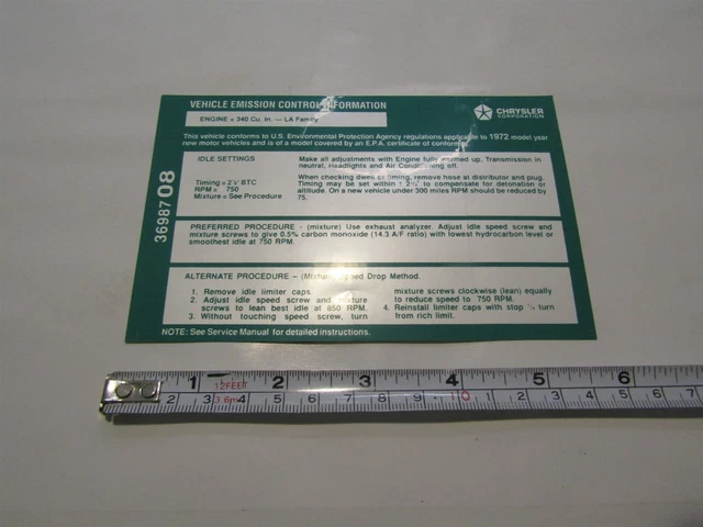 1972 DODGE CHARGER Dart Demon Challenger 340 4V A/T Engine Emissions ...