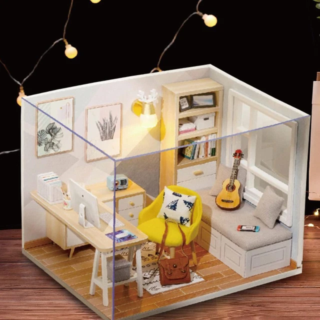 3D WOODEN DIY Doll House Kit Manual Assembling Study Room Toy Present ...