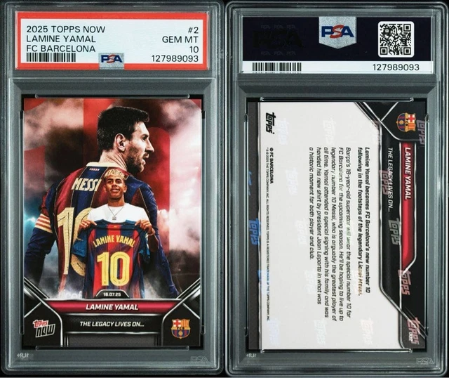 TOPPS 2025 NOW Lamine Yamal FC Barcelona PSA 10 Messi Legacy Card $298. ...