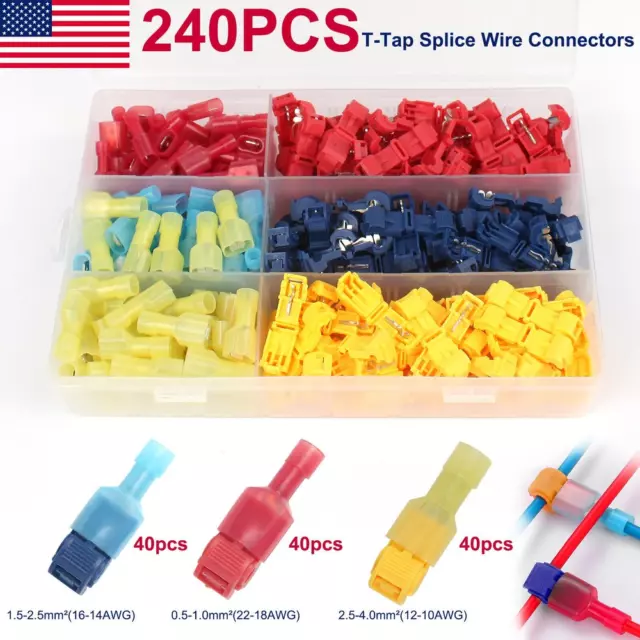 240PC T-TAPS WIRE Terminal Connectors Insulated 22-10 AWG Quick Splice ...