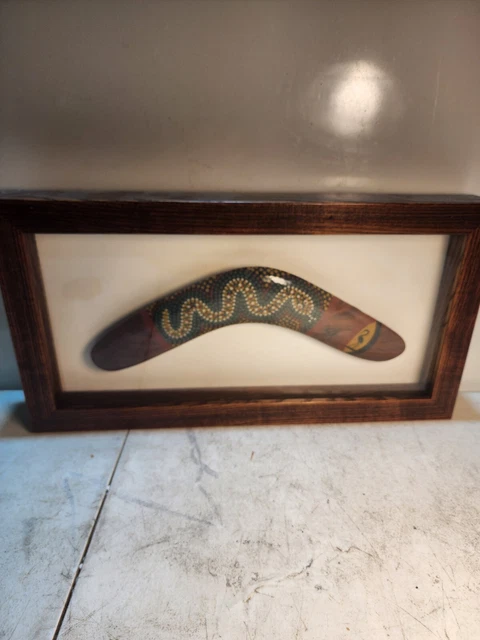 FRAMED 16” VTG Australian Wood Jabiru Boomerang Hand Painted Native ...