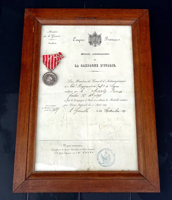 MEDAILLE DE LA Campagne D Italia 1859 + Diplôme. Schütze 64° Ri ... MEDAILLE DE LA Campagne D Italia 1859 + Diplôme. Schütze 64° Ri ...
