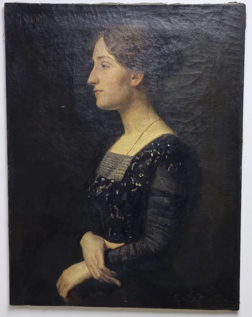 RAR 19TH BELGIAN Pre-Raphaelite Portrait of Woman EMILE MOTTE oil on ...