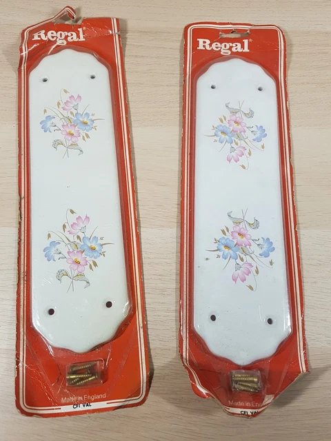 2 VINTAGE WHITE Porcelain Ceramic Door Finger Push Plates Pink Flower ...