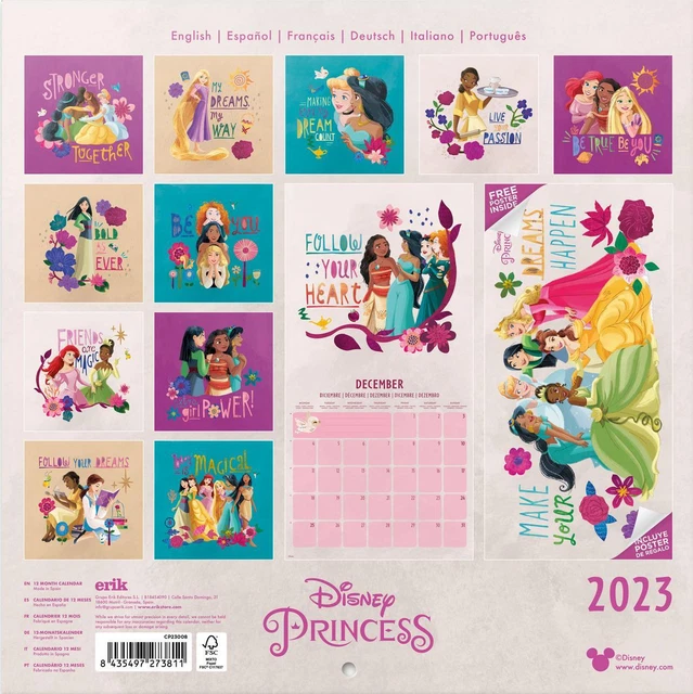 DISNEY PRINCESS CALENDAR 2023 Princesses Jasmine, Rapunzel, Cinderella ...