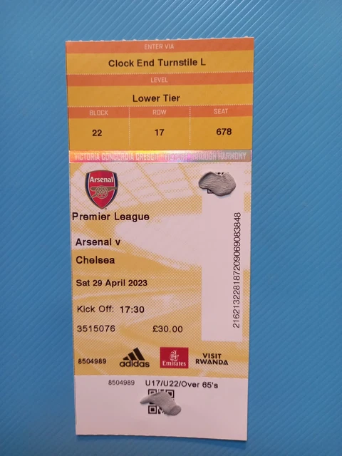 PREMIER LEAGUE MATCH ticket Arsenal v Chelsea 2022/2023 £10.05 ...