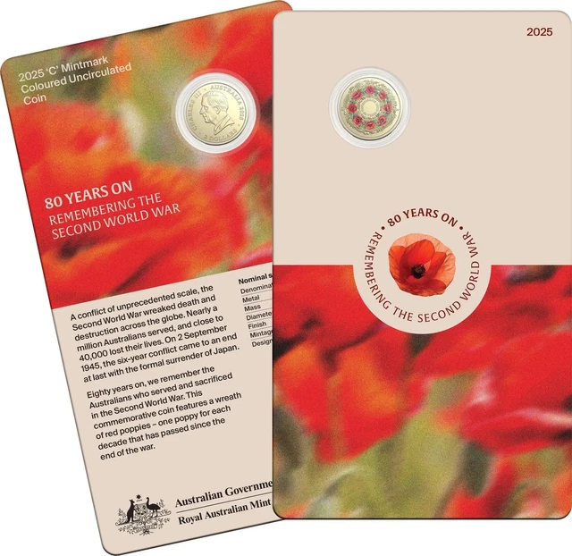REMEMBERING WWII 80 Years Remembrance Red Poppy Two Dollar $2 Coin ...
