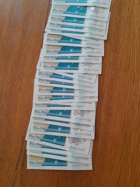 NEW POLYMER £5 BANK NOTES First Release - AA numbers (AA01 - AA60) £26. ...