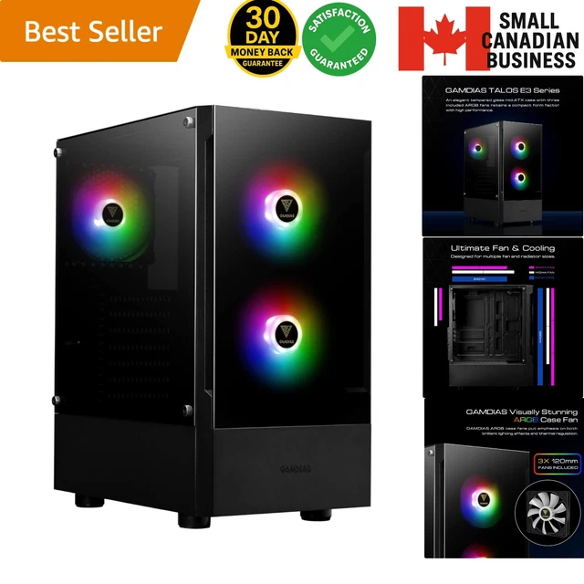 RGB GAMING PC Case ATX Mid Tower Tempered Glass 3 ARGB Fans Dust Filter ...