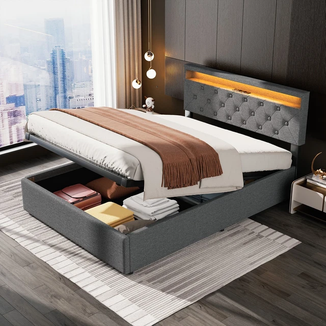 OTTOMAN LIFT UP Bed UPHOLSTERED Storage Double Size Bed WITH USB PORT ...