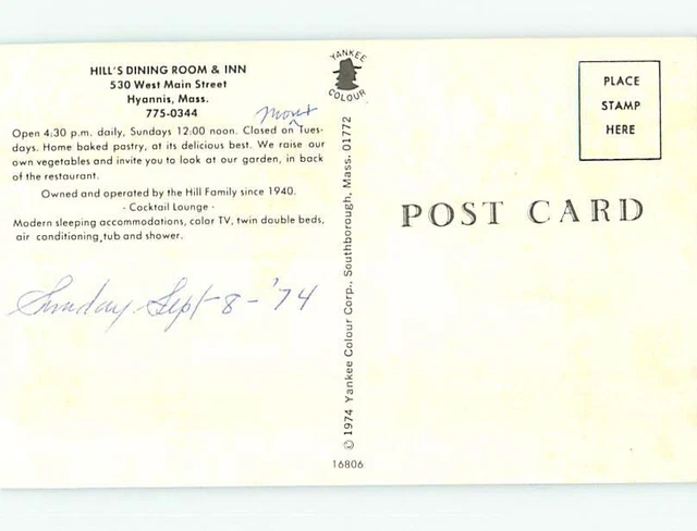 HILLS DINING ROOM Restaurant In Hyannis Cape Cod Massachusetts MA M5144 ...