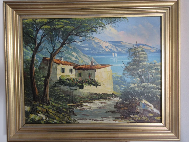 TABLEAU PEINTRE L. GUERNY huile sur toile 27 x 35 paysage marine ...